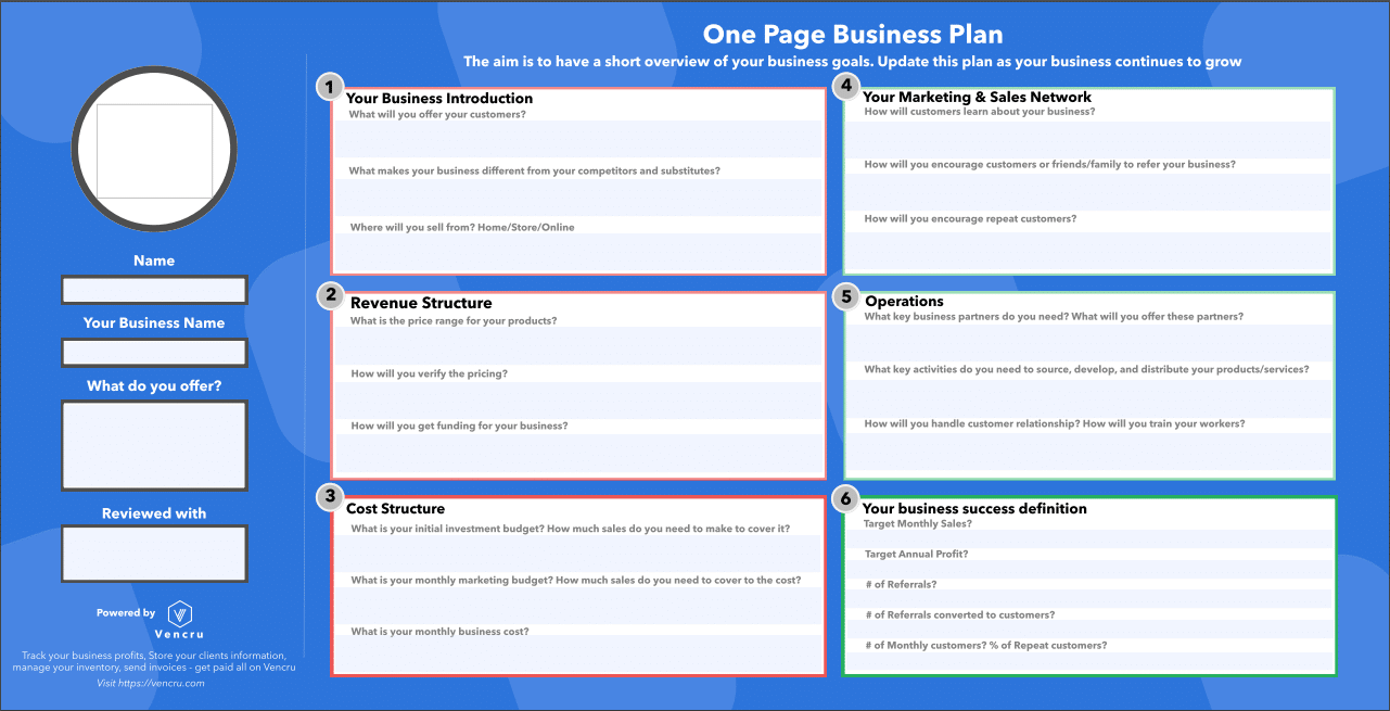 One page business plan template for starting a business - Vencru